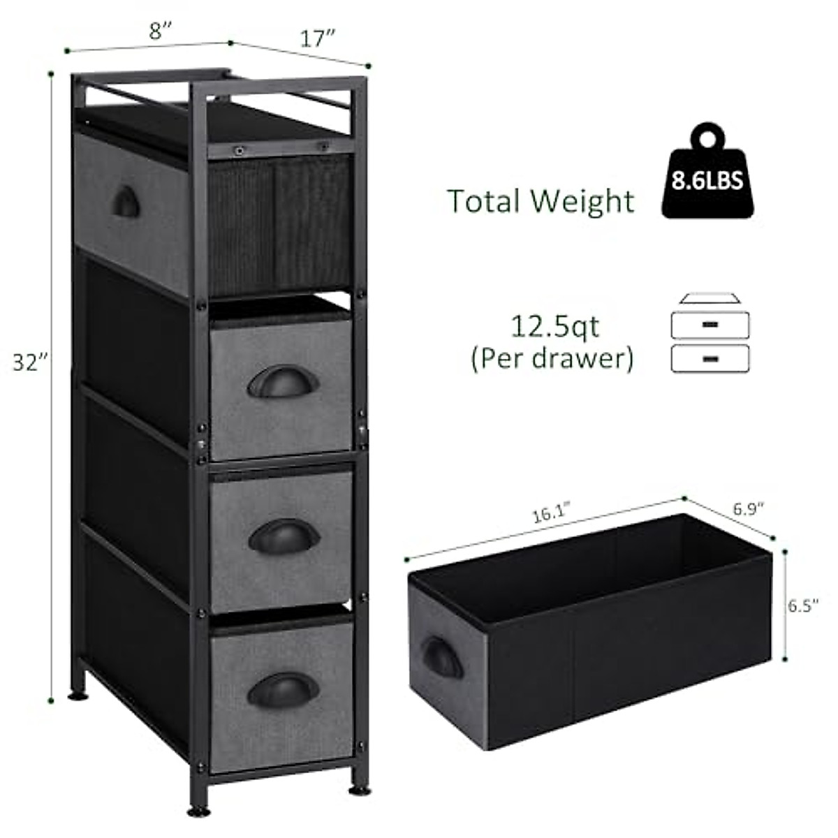 Narrow Dresser - 4 Drawers Slim Fabric Storage Cabinet - Vertical Standing Storage Chest - Gaps Tower Organizer with Removable Drawers and Wooden top for Laundry,Living Room,Entryway (Black_Side pull)