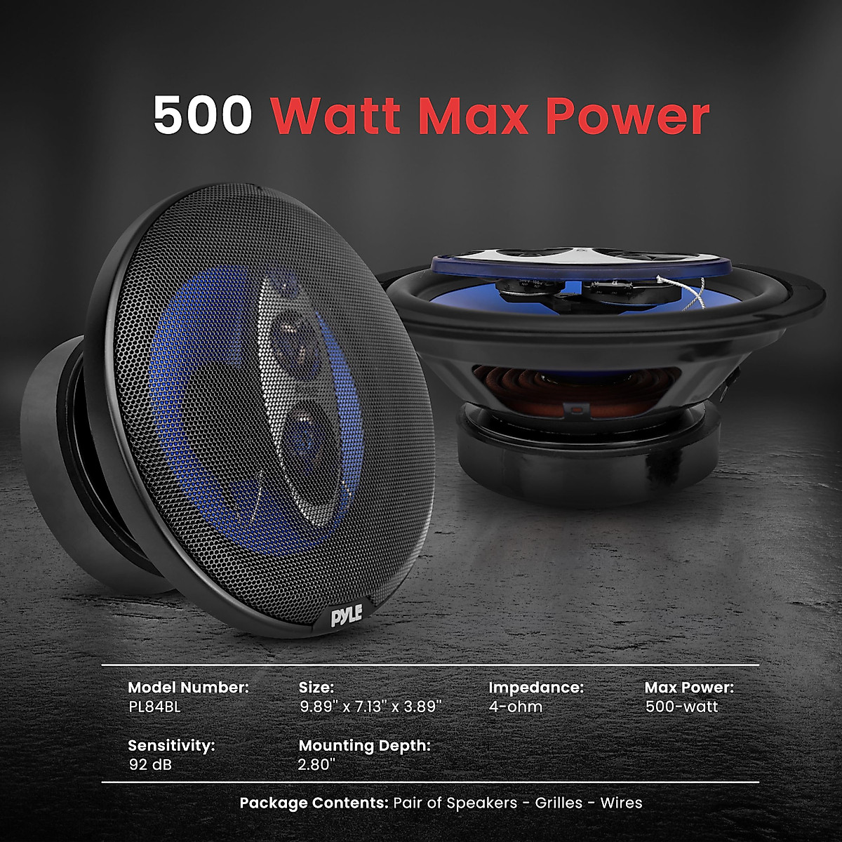 Pyle Four-Way Sound Speaker System - 8" Four-Way Quadriaxial Loud Audio, Non-fatiguing Butyl Rubber Surround, 500W w/ 4 Ohm Impedance and 3/4" Piezo Tweeter for Car Component Stereo PL84BL (Pair)