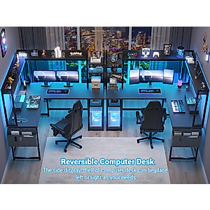 Aheaplus L Shaped Desk with Power Outlet, L Shaped Gaming Desk with Led Light & Hutch, Reversible Home Office Desk, Corner Computer Desk Writing Desk with Monitor Stand & Storage Shelves, Black