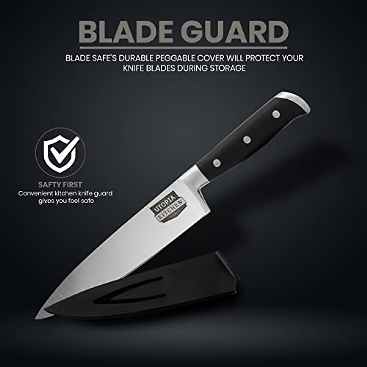 Utopia Kitchen 8 inch Chef Knife Cooking Knife Carbon Stainless Steel Kitchen Knife with Sheath and Ergonomic Handle - Chopping Knife for Professional Use (Black)