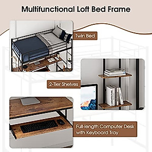 Giantex Twin Loft Bed with Desk and Bookcase, Metal Bunk Bed Frame w/Guardrail & Bilateral Ladder for Kids Teens Adults, Space-Saving Loft Bed with Keyboard Tray, No Box Spring Needed, Black