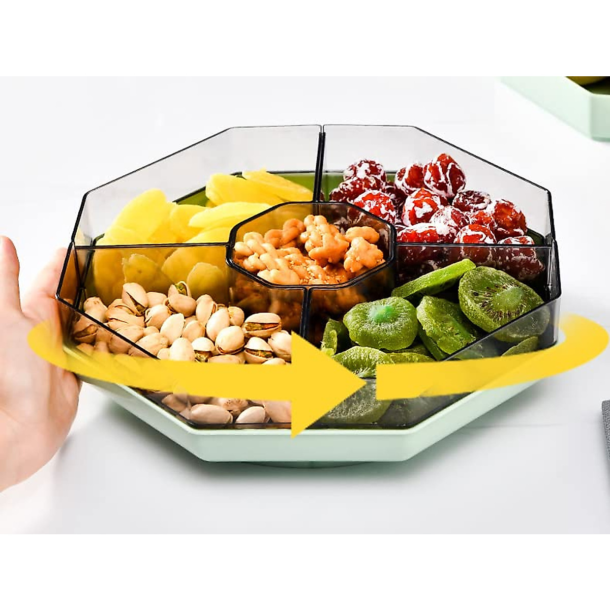 Easy Essentials Food Storage Container Bins, Divided Lazy Susans Turntable Organizer Bins Appetizer Tray, Round Reusable Snack Containers for Compartment Round Plastic Food Storage (Green)