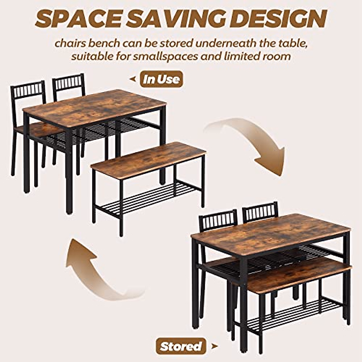 Bigbiglife Dining Table Set for 4, Kitchen Table with 2 Chairs and 1 Bench, Dining Table Set with 2 Storage Racks and 4 S-Hooks, Industrial Design for Small Space Home Kitchen, Rustic Brown