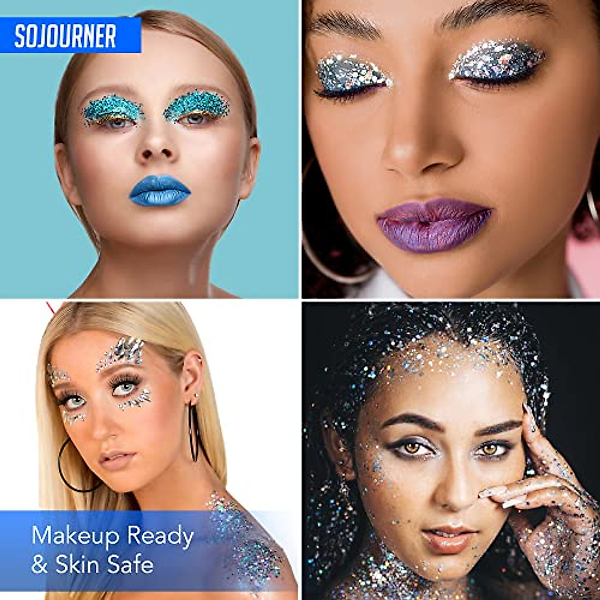 Chunky Holographic Body Glitter I 16 Colors + Glitter Glue for Face Glitter Makeup, Hair, Eye & Fine Glitter Eyeshadow - Perfect for Halloween, Slime, Resin, Tumblers, Craft, Cosmetic & Nail Art