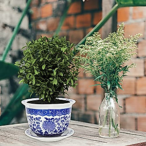 GANAZONO Outdoor Planters Blue and White Porcelain Flower Pot with Porcelain Saucer Chinese Ceramic Plant Pots Balcony Planter Bonsai Pot for Garden and Indoor Plant Saucers
