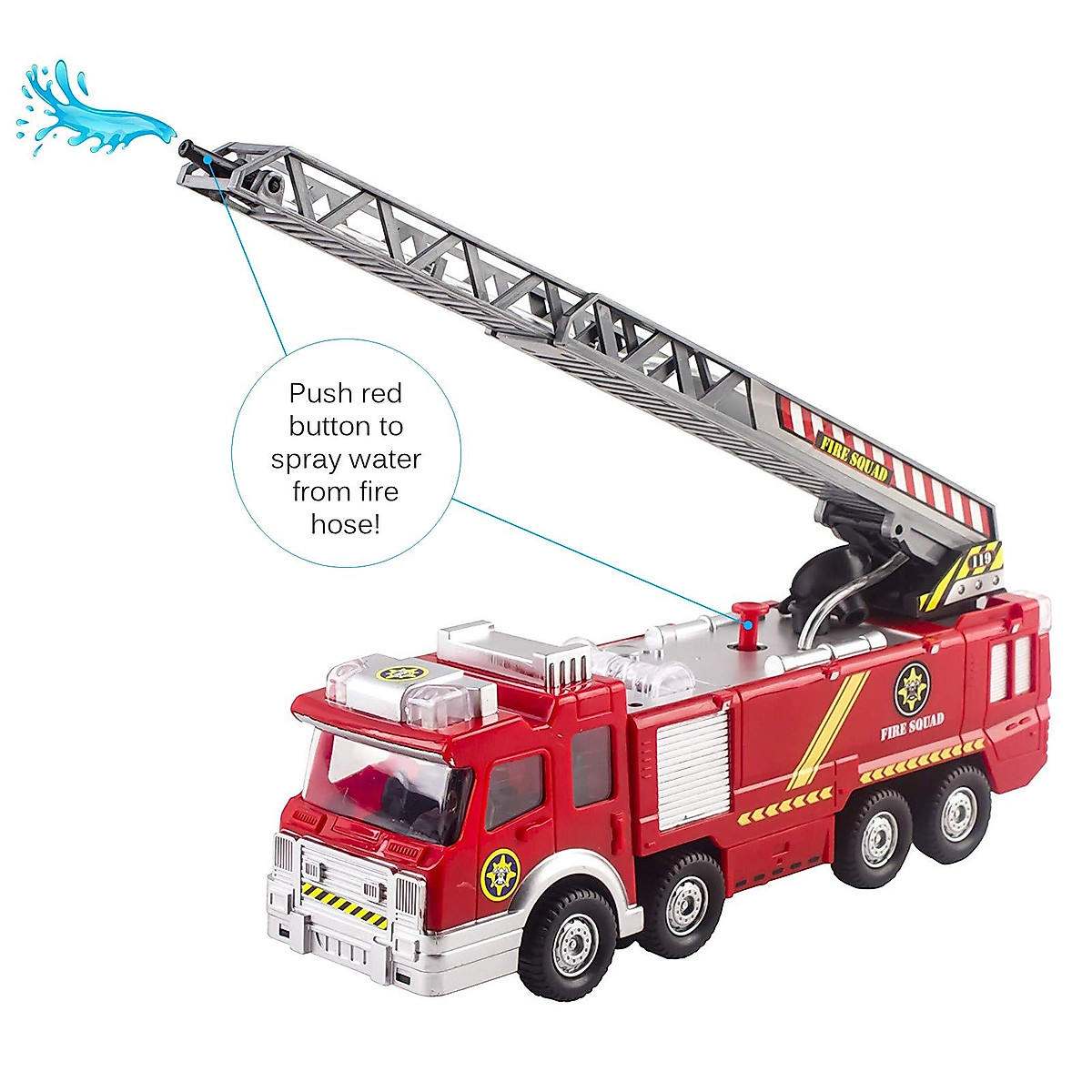 Fire Truck Toy Rescue with Shooting Water, Lights and Sirens Sounds, Extending Ladder and Water Pump Hose to Shoot Water, Bump and Go Action by Vokodo