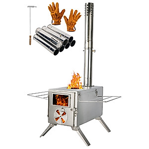 Camping Stove for Hot Tents, LAMA 304 Stainless Steel Wood Burning Stove with Stainless Wall Chimney Pipes for Tents, Shelter, Outdoor Portable Stove for Camping Heating and Cooking