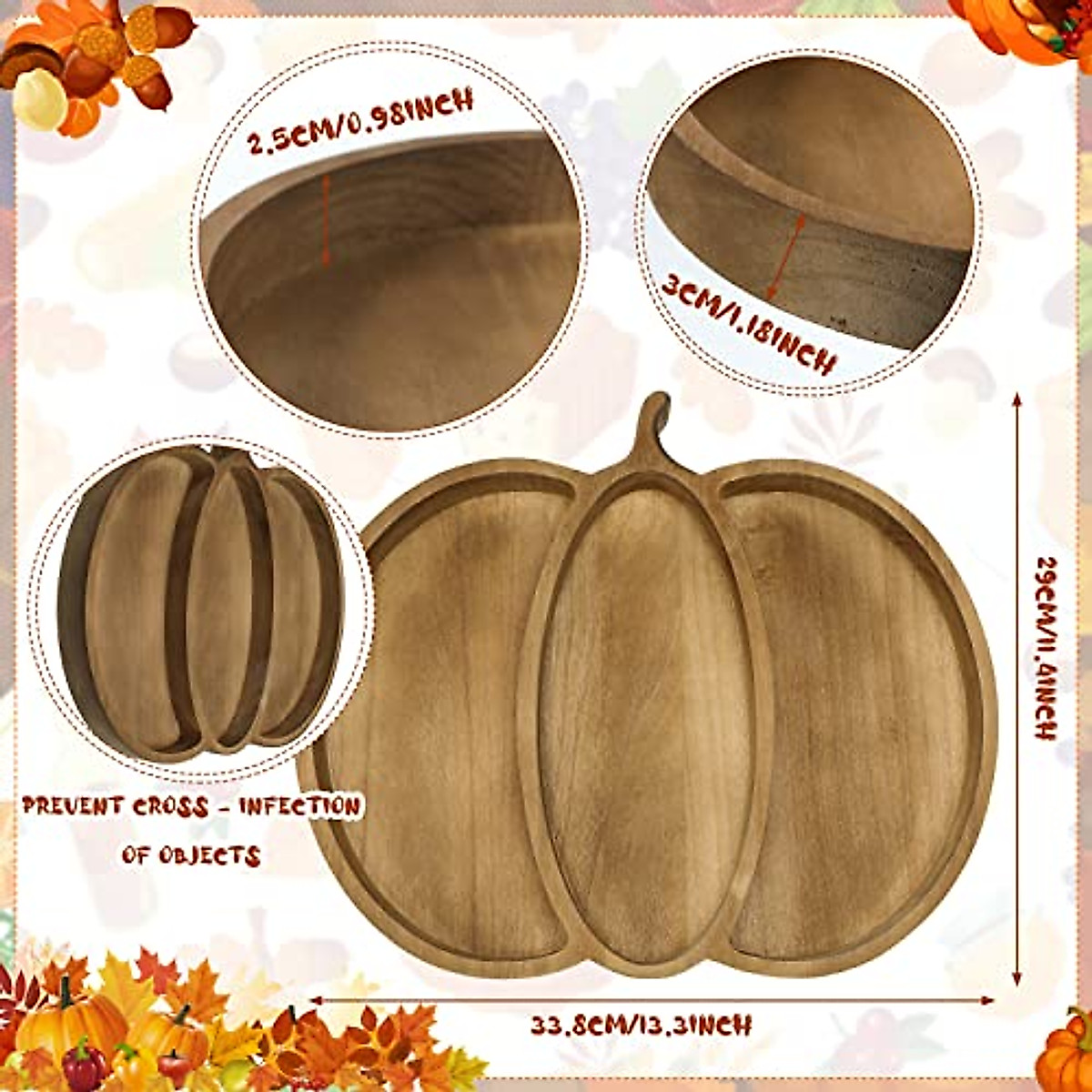 Spiareal Thanksgiving Wooden Serving Platter Maple Pumpkin Leaf Christmas Snack Fruit Meat Cheese Board Rustic Angle Shape Charcuterie Board Sectional Dish Plate for Thanksgiving Christmas(Pumpkin)