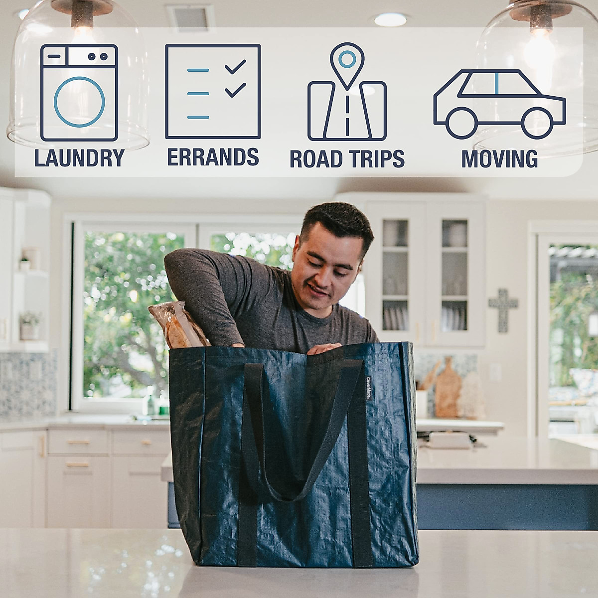 CleverMade 2 Pack Storage Tote, Tall Frakta Shopping Bag, Heavy Duty Multi-Purpose Bags for Moving, Grocery Shopping, and Toting; Ocean Blue, Large