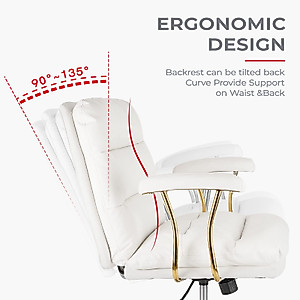 KLASIKA 2 Pack Ergonomic Office Desk Chair for Heavy People with Wheels and Arms, Faux Leather Computer Chair for Home Bedroom Office, White Chair Gold Caster