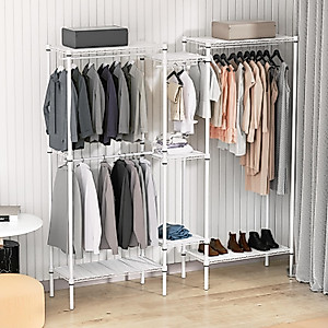 MoNiBloom Heavy Duty Carbon Steel Garment Rack, 66 Inch Expandable, with Shelves, for Hanging Clothes, Load 1000lbs, White