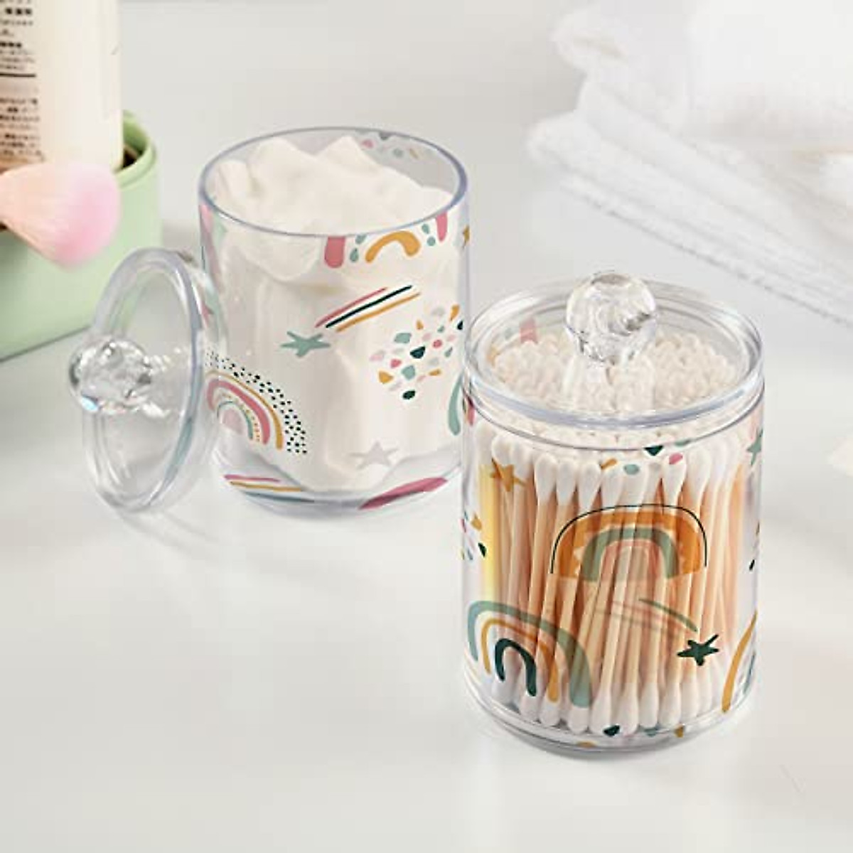 Kigai 2PCS Cartoon Rainbow Qtip Holder Dispenser with Lids - 14 oz Bathroom Storage Organizer Set, Clear Apothecary Jars Food Storage Containers, for Tea, Coffee, Cotton Ball, Floss