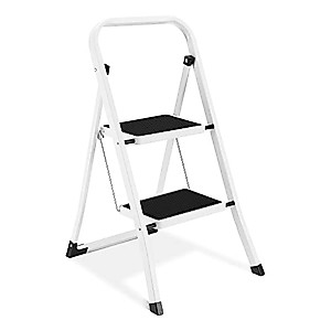 2 Step Ladder, Lightweight Folding Step Stools for Adults with Anti-Slip Pedal, Portable Sturdy Steel Ladder with Handrails, Perfect for Kitchen & Household, 330 lbs Capacity, White