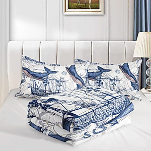 CVHOUSE Whale Comforter Set Twin Size,Ocean Theme Bedding Set for Kids,Whale Nautical Sailing Quilt Set Ocean Duvet Set Ocean Decor 3 Pieces