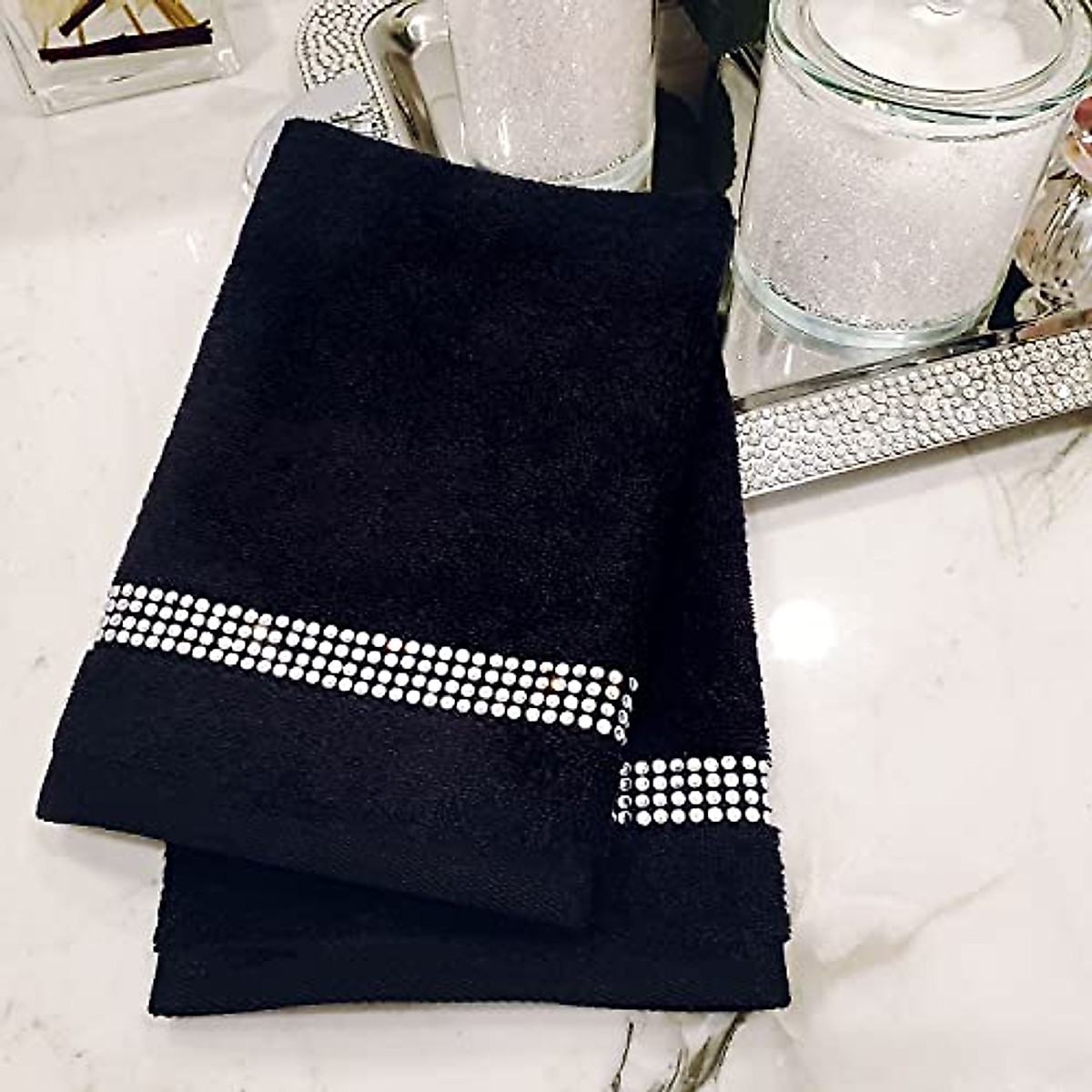 Sparkles Home Rhinestone Stripe Fingertip Towel Set of 2 - Design Soft Luxury Hotel Quality Absorbent Towels for Aesthetic Bathroom Décor, Black