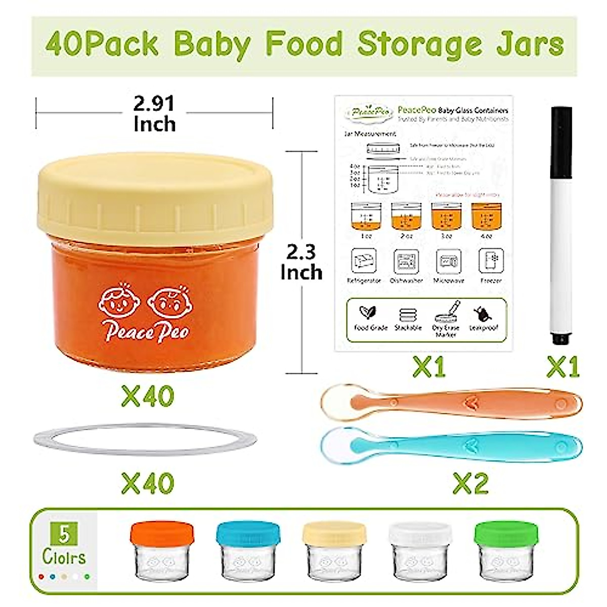 PeacePeo Glass Baby Food Storage Containers 4OZ, 40Pcs Glass Baby Food Jars Leak-Proof Baby Food Containers with Lids Reusable Baby Food Storage Jars Dishwasher Safe for Infant & Baby Food