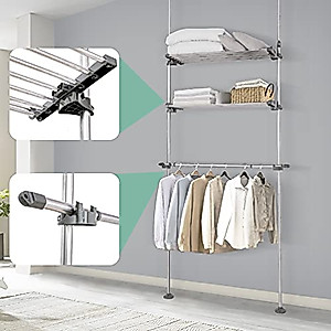 BAOYOUNI Standing Garment Rack Clothes Hanger Storage Organizer Adjustable Heavy Duty Laundry Shelf Double Tension Pole with 2 Large Shelves and 1 Telescopic Haning Rod - Grey