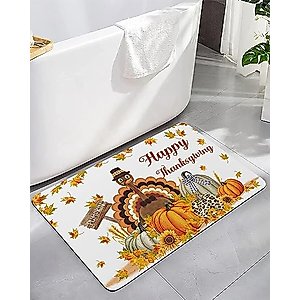 KITHOME Bath Mat for Bathroom Non Slip Thanksgiving Farm Turkey Pumpkin Sunflowers Diatomaceous Earth Bath Mats Highly Absorbent Door Mat Diatom Mud Washable Bathroom Mat for Tub Shower 16x24 Inch