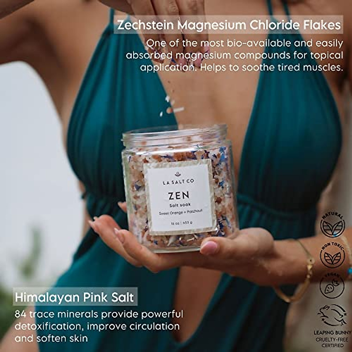LA SALT CO Aromatherapy Bath Salt Soak, Zen | Mineral-Rich Himalayan Pink Salt & Magnesium Chloride, Sweet Orange, Lemon, Patchouli, Lavender & Peppermint | 16 oz