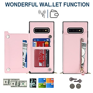 Protective Case Compatible with Galaxy S9 Plus - Adjustable Crossbody Lanyard + Zipper Cash Pocket Wallet Leather Case Card Slot Kickstand Metal Close Cover for Samsung Galaxy S9 Plus [SK] -Pink