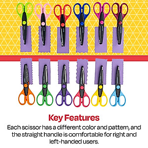School Smart Paper Edger Scissors, 6-1/2 x 2-1/2 Inches, Assorted Colors, Set of 12