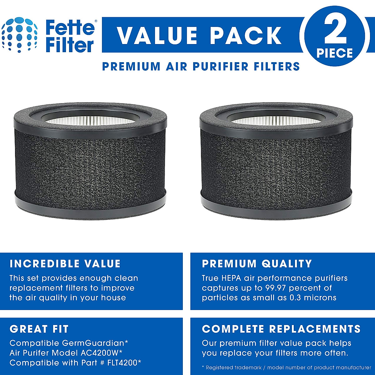 Fette Filter -Pack of 2 Replacement Air Purifier True HEPA Filters with Pre Filter Layer Compatible with Germ Guardian FLT4200 Filter L for GermGuardian Air Purifer Model AC4200W