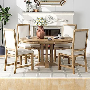 Dinehome 5-Piece Round Extendable Table Set for 4 with Four Upholstered Chairs, for Dining Room, Natural Wood Wash
