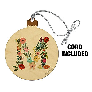 Letter M Floral Monogram Initial Wood Christmas Tree Holiday Ornament