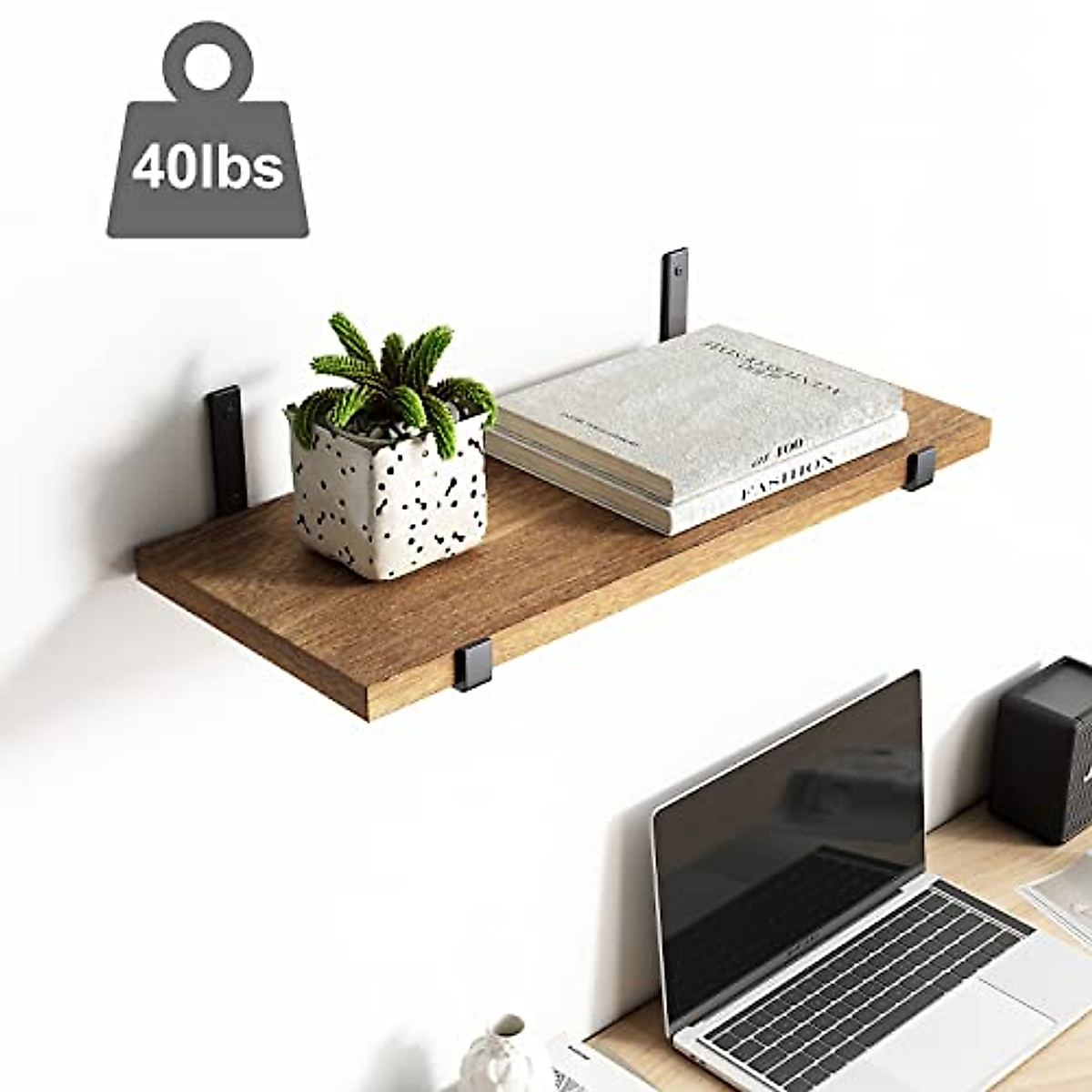 YGEOMER Floating Shelves, Set of 8, Rustic Wall Shelves, Wood Floating Shelf for Bedroom, Living Room, Book and Bathroom (Dark Carbonized Black)