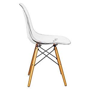 LeisureMod Dover Plastic Molded Dining Side Chair with Wood Dowel Legs (Clear)