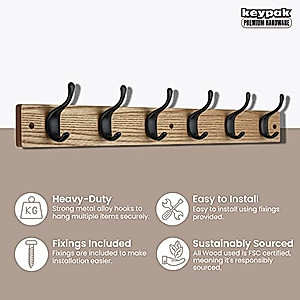 keypak Modern Wall Mounted Coat Rack, Matte Black Hooks on Wood Base (6 Hooks, Ash Effect)