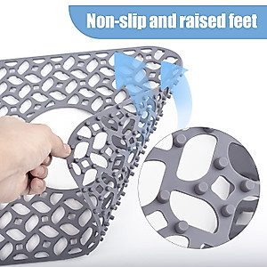 JUSTOGO Silicone Sink Mat, Grey Kitchen Sink Mats Grid Accessory, 2 PCS Folding Non-Slip Sink Protector for Kitchen Bottom of Farmhouse Stainless Steel Porcelain Sink (Center Drain, 13.58''x 11.6'')