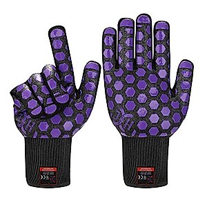 J H Heat Resistant Oven Glove:EN407 Certified 932 °F, 2 Layers Silicone Coating, Oven Mitts for Cooking, Kitchen, Fireplace, Grilling, 1 Pair (Regular Cuff, Black Shell with Purple)