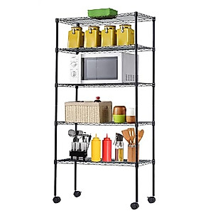 24/7 Shop at Home Rex Industrial 5 Tier Wire Shelving Rack with Wheels, Adjustable Shelves and NSF Certified, Metal Storage Shelves for Kitchen, Office, Garage, Basement, Laundry Room, Black
