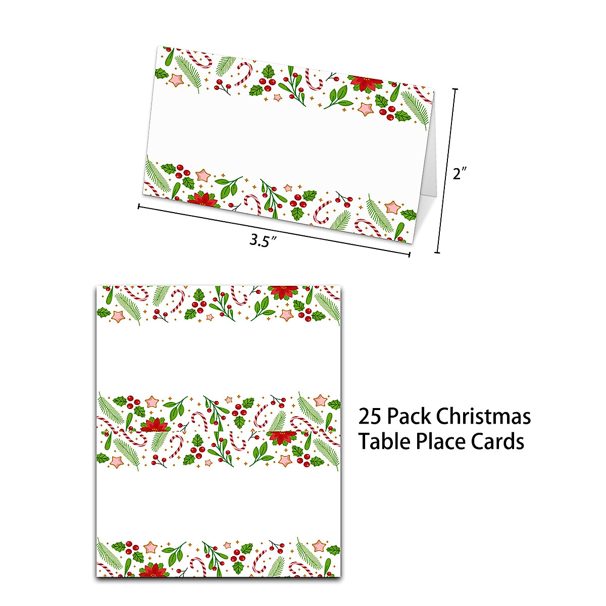 Christmas Table Place Cards, Xmas Blank Seating Place Card for Table, 25 Pack Buffet Food Tent Labels, Double Design Name Cards, Scored for Easy Folding, Christmas Party Decorations(10)