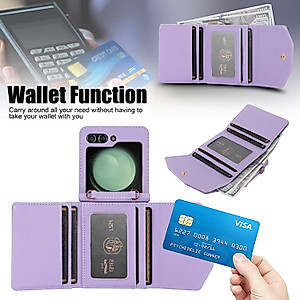 XIMAND for Samsung Galaxy Z Flip 5 Wallet Case with Built-in Leather Cash Slot and Credit Card Holder. Wristlet Strap and Hinge Protection, Carrying Handbag Phone Case for Women Ladies.(Purple)