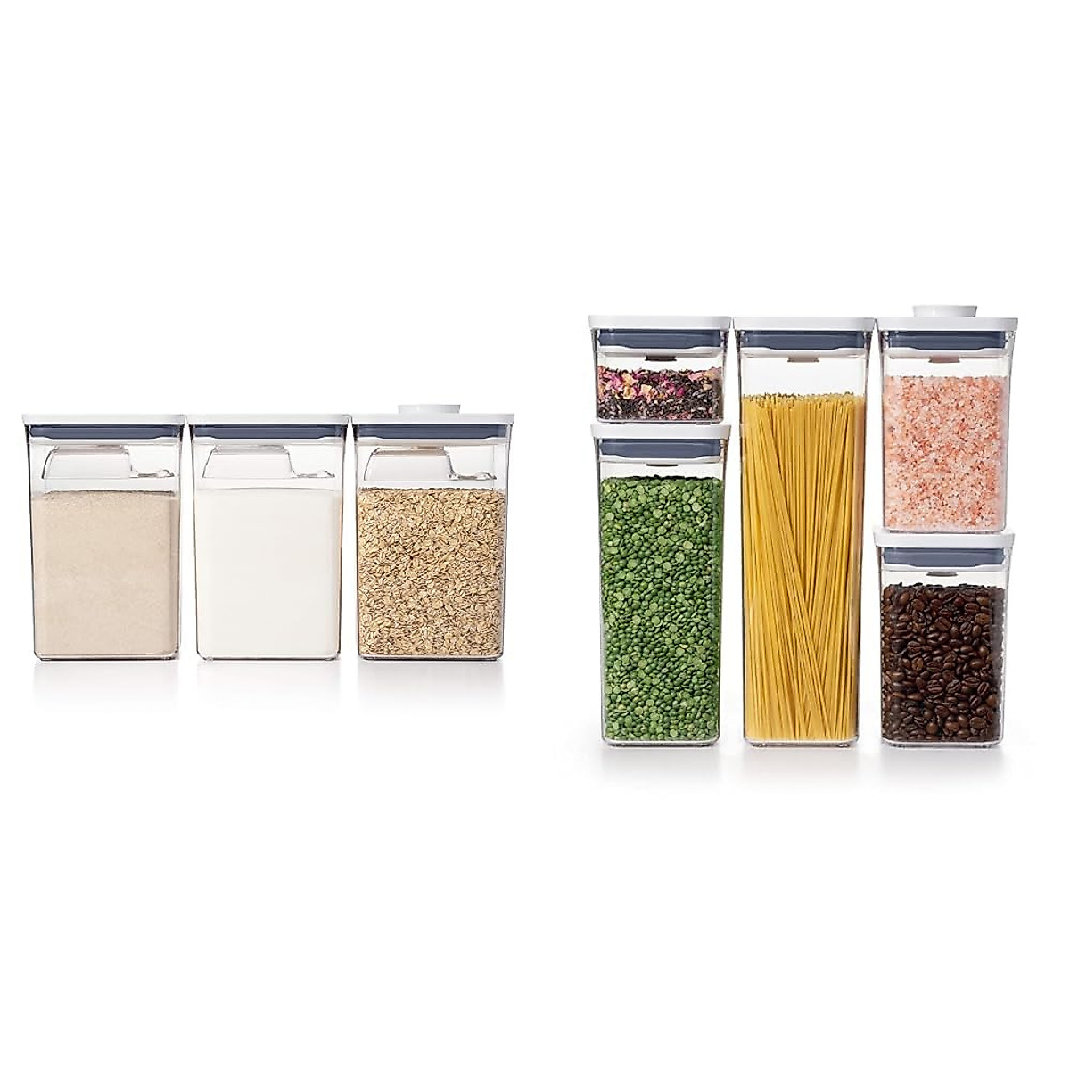 OXO Good Grips 6 Piece Large Canister Set with Scoops, 4.4 qt each, White & Good Grips 5-Piece POP Container Set
