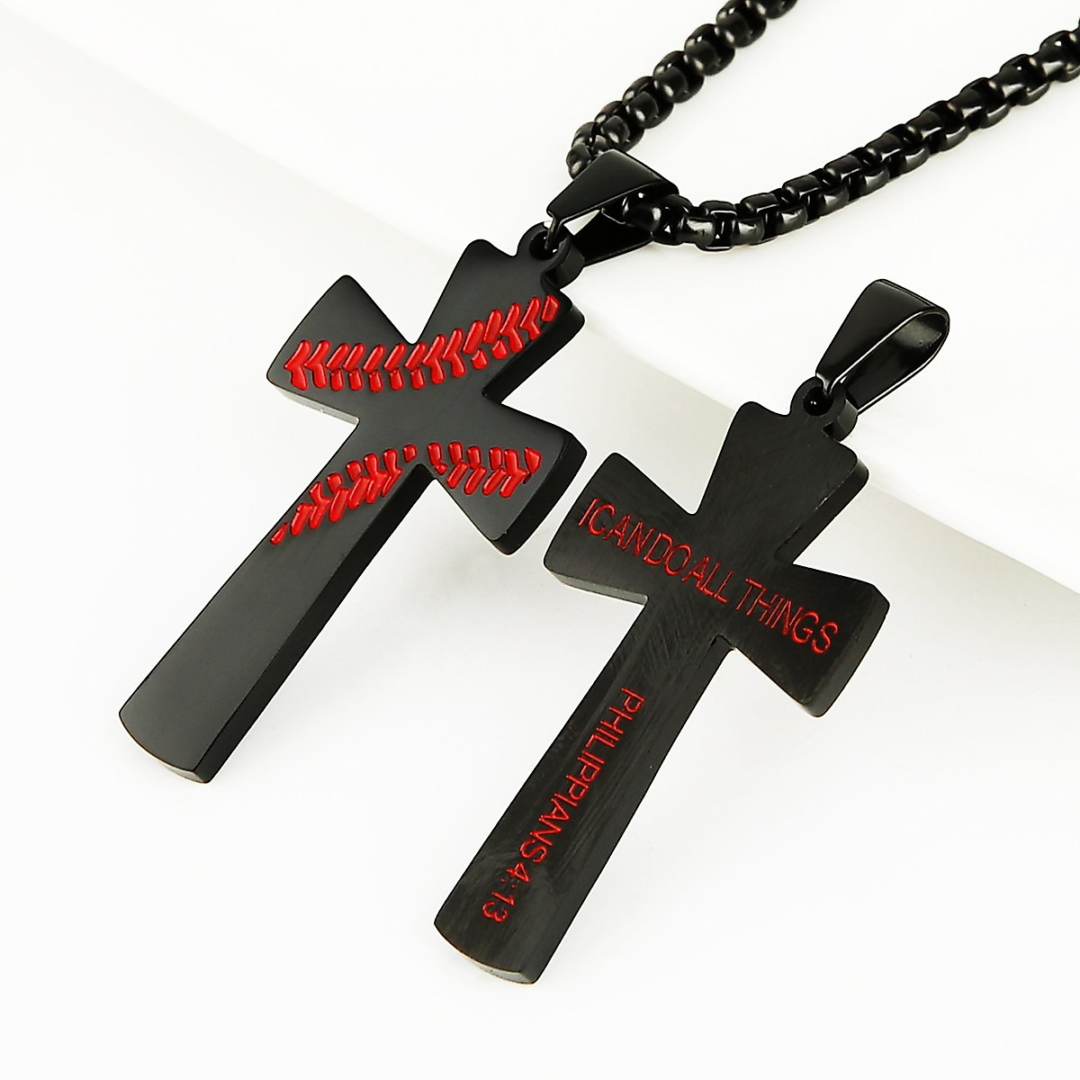 HZMAN Baseball Cross Pendant, I CAN DO ALL THINGS STRENGTH Bible Verse Stainless Steel Necklace (Black)