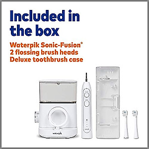 Waterpik White Sonic-Fusion Toothbrush and Heads (Set of 4). Brush and Floss at The Same Time. Soft Bristles Gently Brush While The Water Flosser Removes Plaque and Debris from Teeth and Gumline.