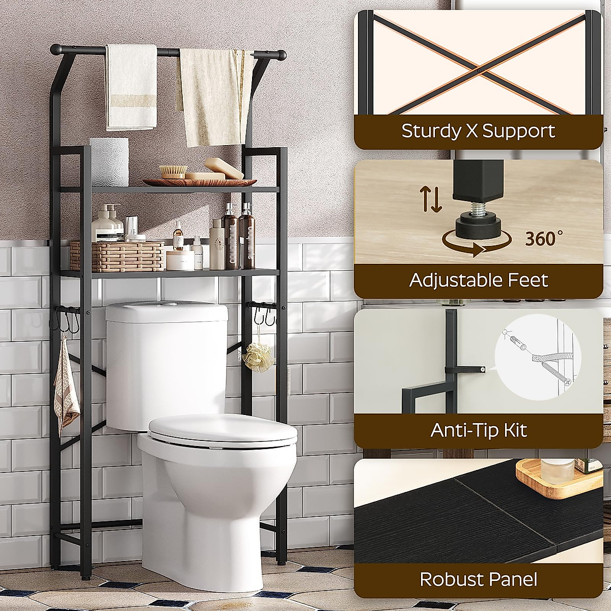 YATINEY Over The Toilet Storage, 2-Tier Bathroom Organizer Shelves with Hooks, Multifunctional Vertical The Toilet Shelf Storage Rack for Bathroom, Black TR01BB