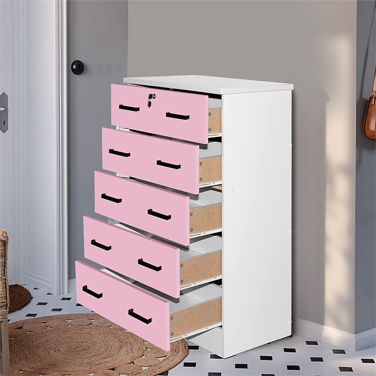Better Home Products Cindy 5 Drawer Chest Wooden Dresser with Lock in Pink