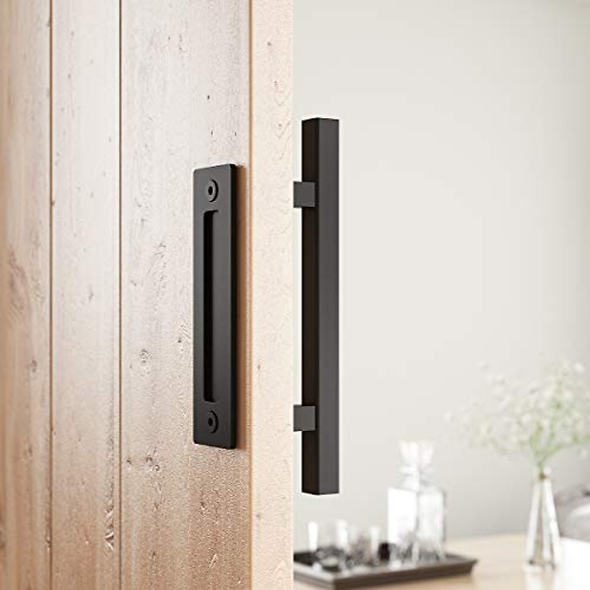 SMARTSTANDARD Heavy Duty 12" Pull and Flush Barn Door Handle Set, Large Rustic Two-Side Design, for Gates Garages Sheds Furniture, Solid Steel, Square, Black