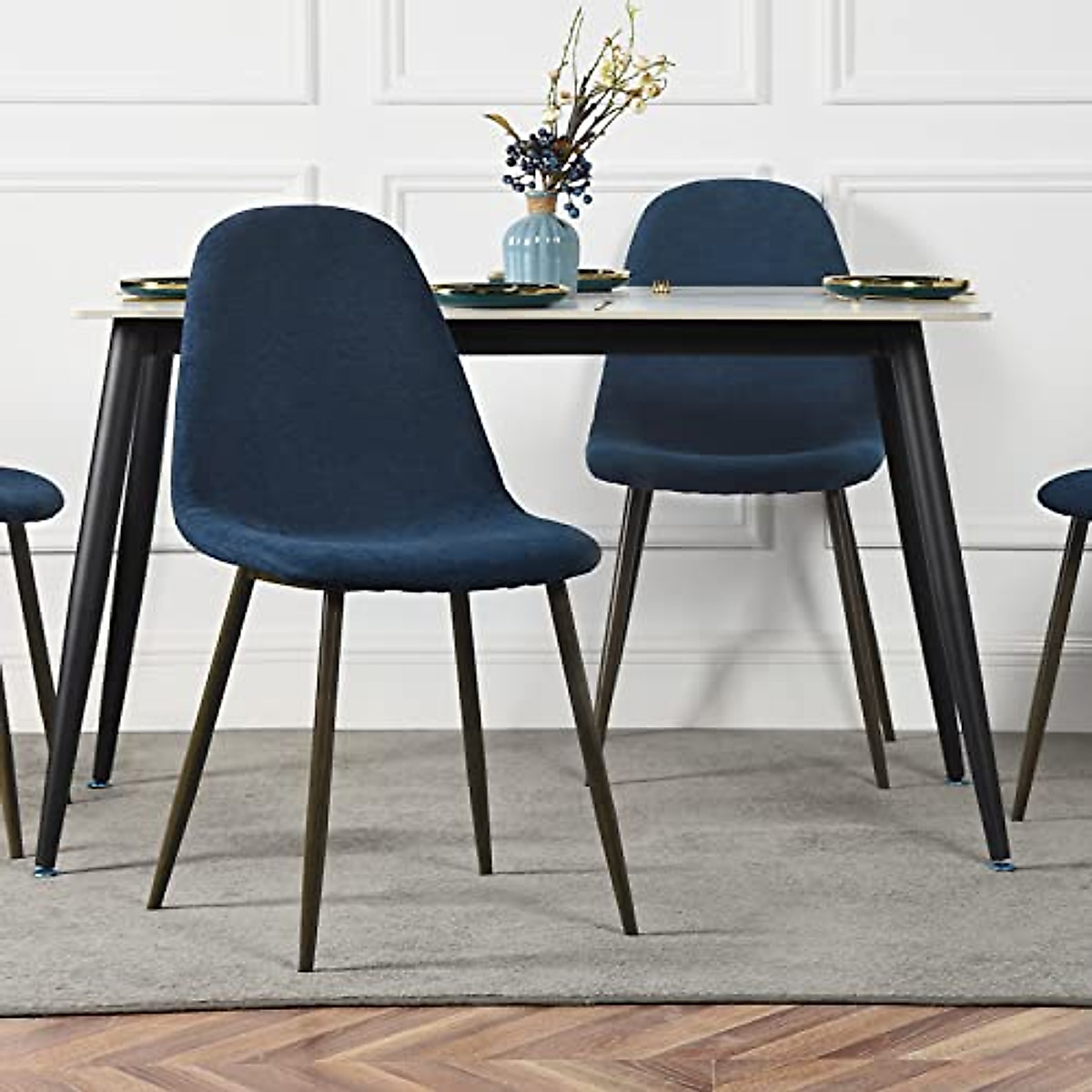 FurnitureR Dining Chairs Set of 4 for Kitchen Dining Room - Upholstered Brushed Fabric Metal Legs Industrial Style Side Chairs, Blue