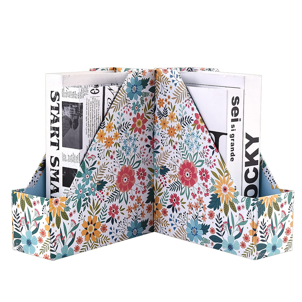 SUIN 2 Packs Foldable Magazine-File Holder, Seamless Floral Designered File-Boxes Desk File Organizer for Office/Home/School
