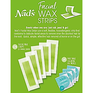 Nad's Facial Wax Strips - Facial Hair Removal for Women - Waxing Kit With 48 Face Wax Strips + 8 Calming Oil Wipes + Skin Protection Powder