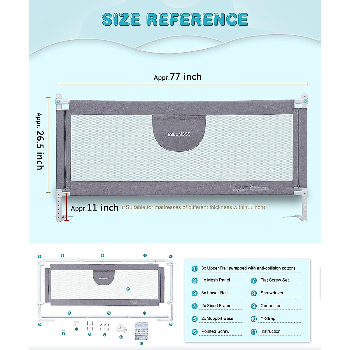 MBQMBSS 2 Pack Toddler Bed Rail Guards for King and Queen Size Beds, Stable Protective Side Railing for Kids Children
