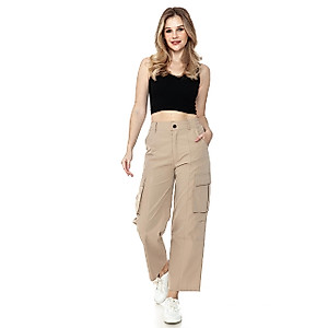 Leggings Depot High Waisted Women’s Straight Wide Leg Trousers w/Pockets, Baggy Cargo Pants, Khaki-Large