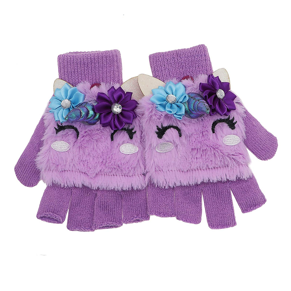 Little Girls Winter Unicorn Beanie Hat and Gloves Set Kids Knitted Earflap Cap Flip Top Mitten Set