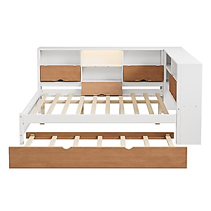 MERITLINE FullDaybed with Trundle, L-Shaped Bed Frame, Wood Platform Bed with LED Lights & USB Ports, Full Corner Bed with Trundle and Storage for Kids Teens Boys Girls, Walnut and White