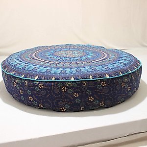 GDONLINE Indian Large Mandala Floor Pillow Comfortable Home Car Bed Sofa Large Mandala Floor Pillows Round Bohemian Meditation Cushion Cover Ottoman Pouf Cover Blue Color Round Pouf Cat Dog Bed